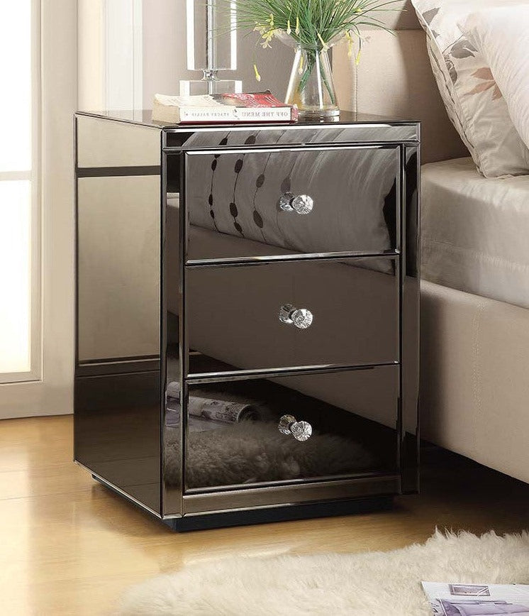 VENICE SMOKE Mirrored 3 Drawer Bedside Table – Bradshaw Direct